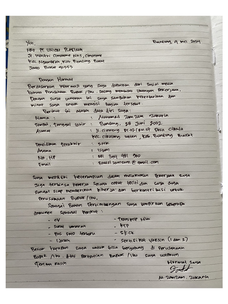 Surat Lamaran Muhamad Zamzam Zakaria 5 | PDF