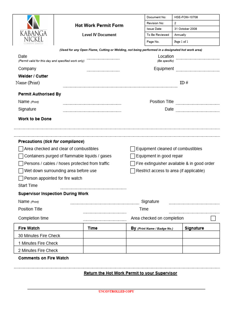 HSE-FOM-10708 - Hot Work Permit Form | PDF | Fires | Welding