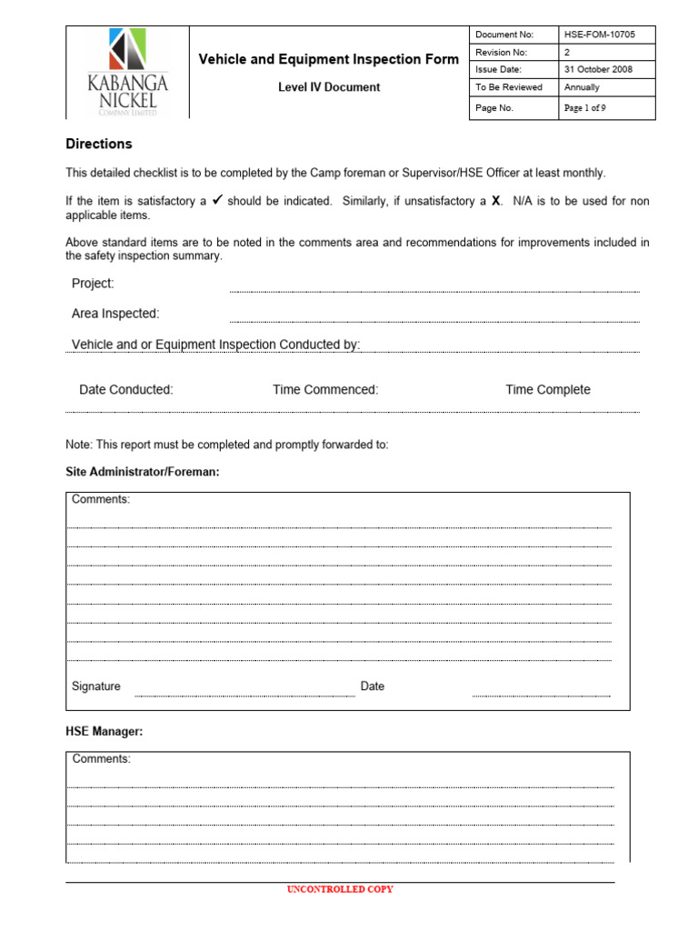 HSE-FOM-10705 - Vehicle and Equipment Inspection Form | PDF | Tire | Brake
