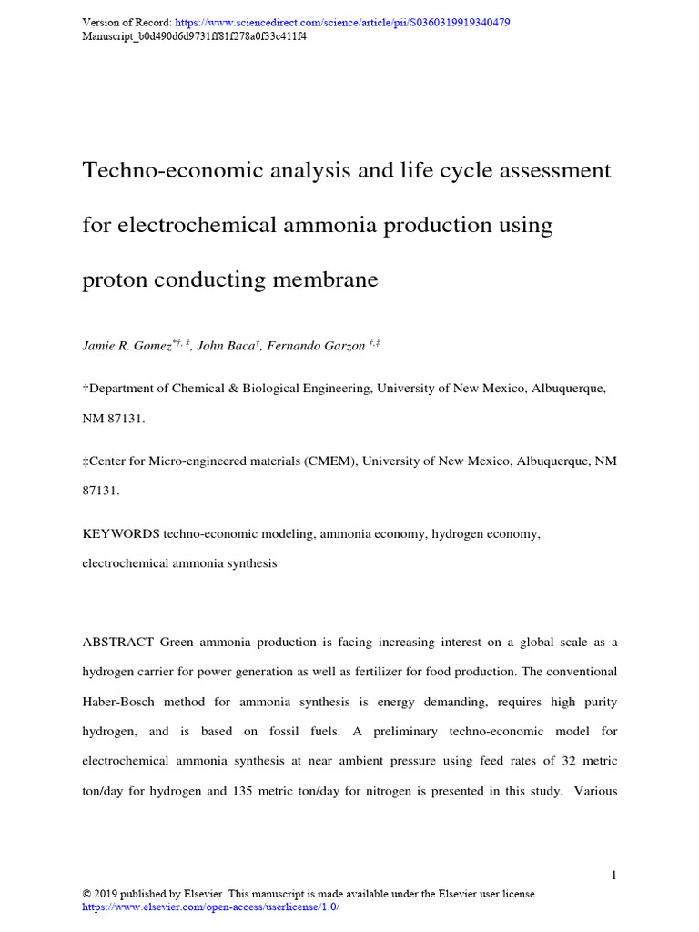 Techno-Economic Analysis and Life Cycle Assessment For Electrochemical Ammonia Production Using ...