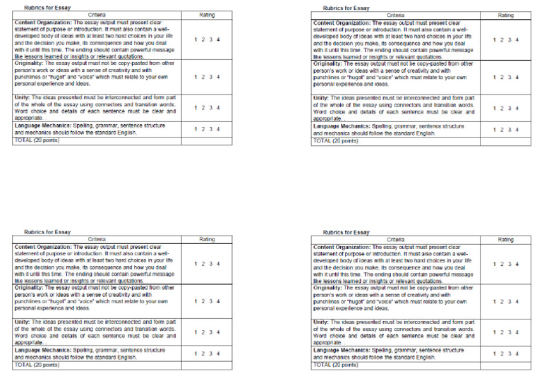 Rubric For Essays & Reflections | PDF