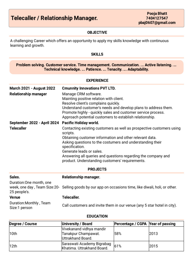 Telecaller & Relationship Manager Resume | PDF | Cognition