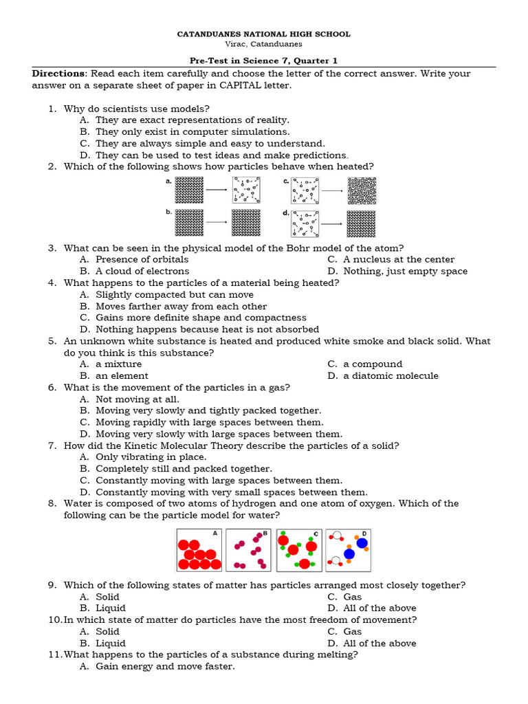 Science 7 Quarter 1 Pre-Test | PDF | Gases | Atoms