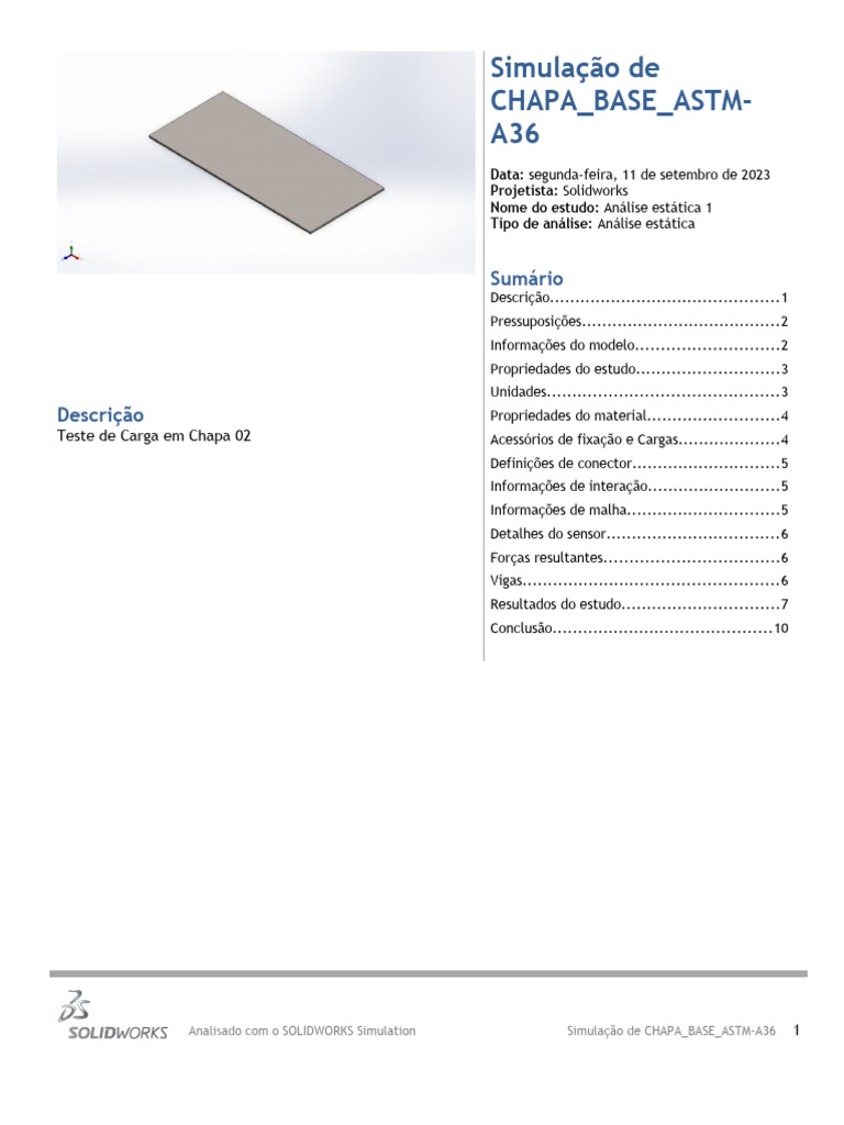 CHAPA - BASE - ASTM-A36-Análise Estática 1-1 | PDF | Estresse (Mecânica) | Temperatura