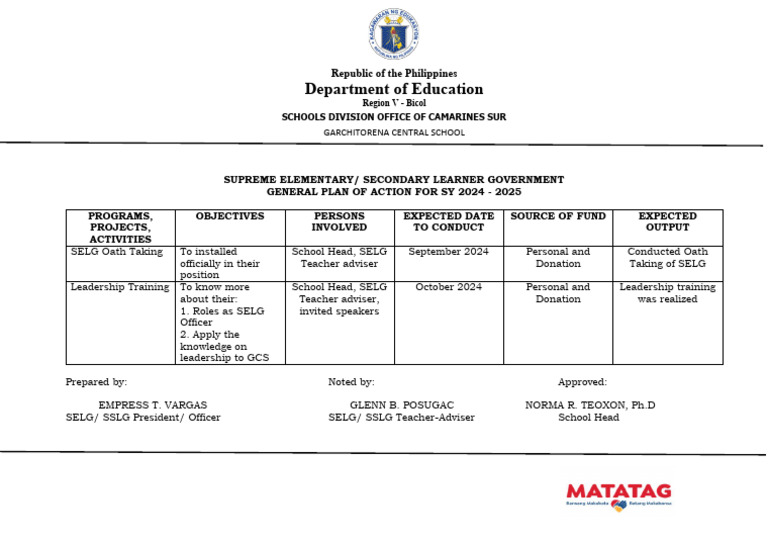 SELG General Plan of Action 2024-2025 | PDF