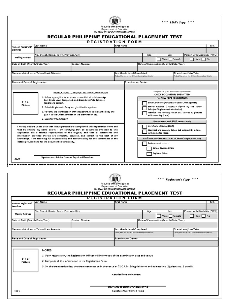 PEPT Registration Form for Examinees | PDF