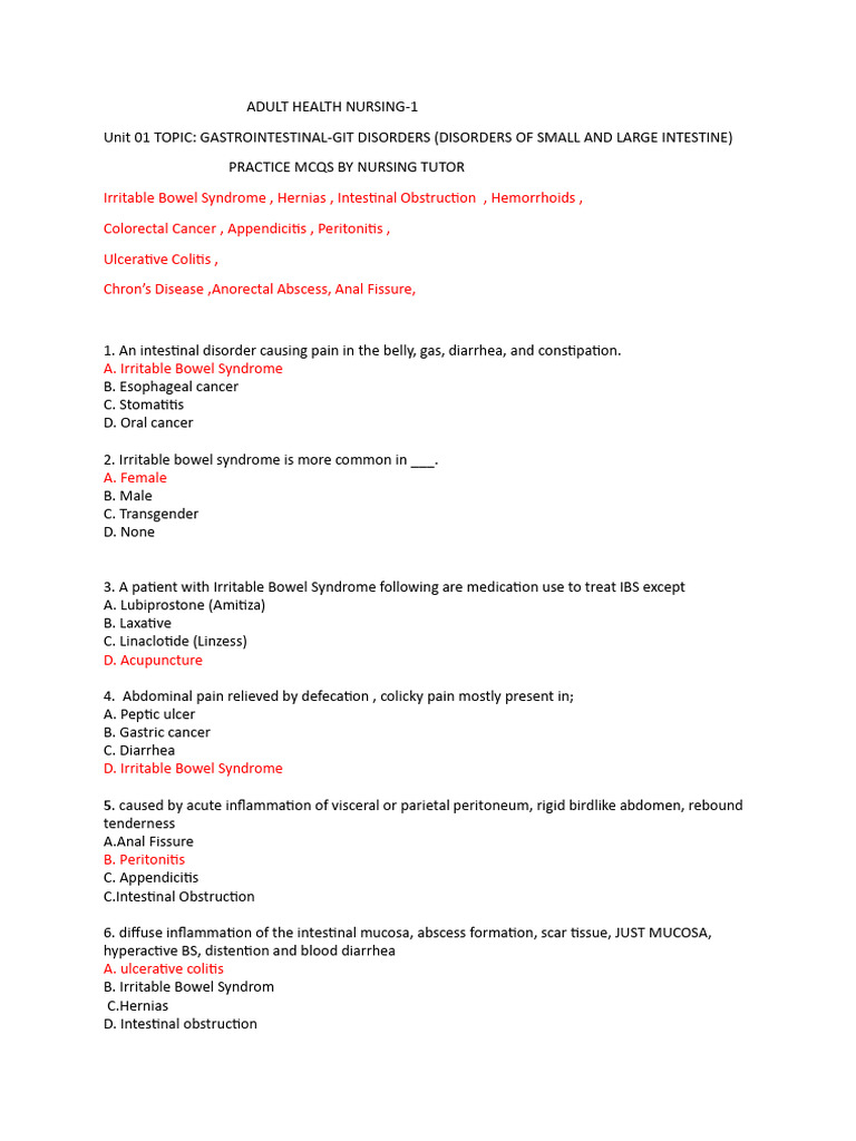 ADULT HEALTH NURSING Unit 01 Part C Mcqs by Nursing Tutor | PDF ... ADULT HEALTH NURSING Unit 01 Part C Mcqs by Nursing Tutor | PDF ...