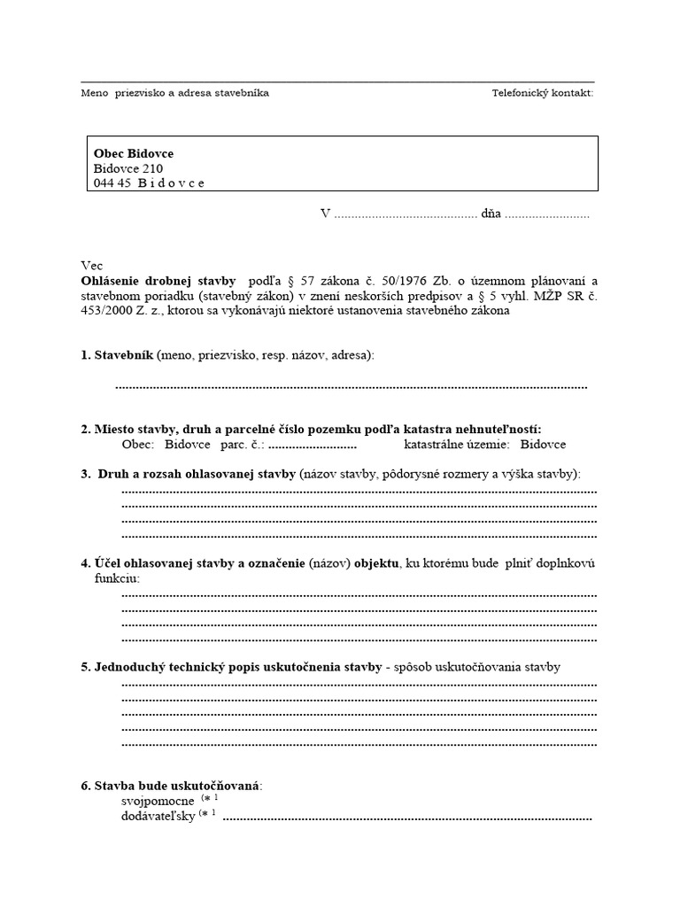 Ohlásenie Drobnej Stavby | PDF