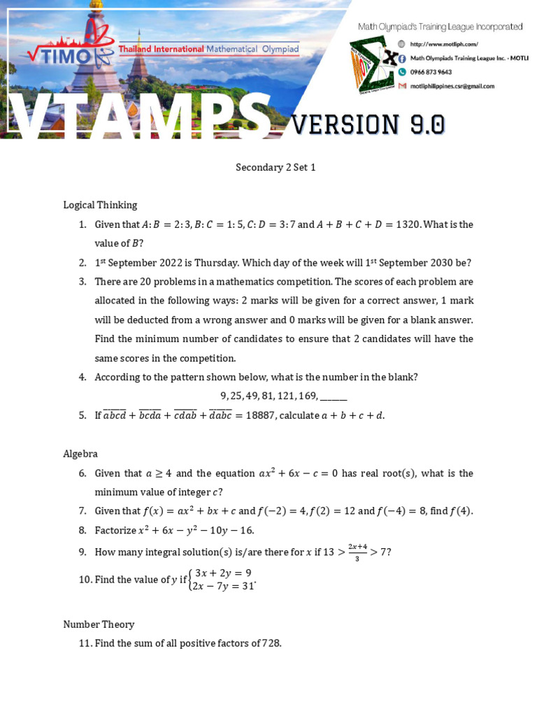 VTAMPS 9.0 Secondary 2 Set 1 - 023716 | PDF | Algebra | Numbers