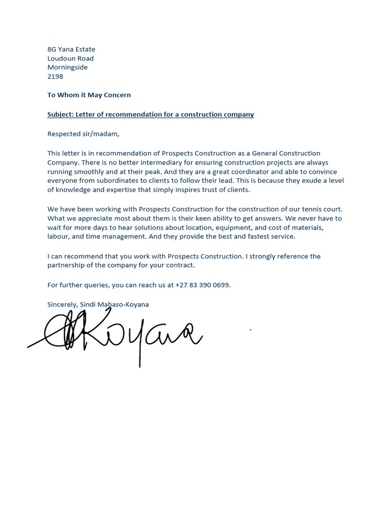 Recommendation Letter For Prospects Construction | PDF