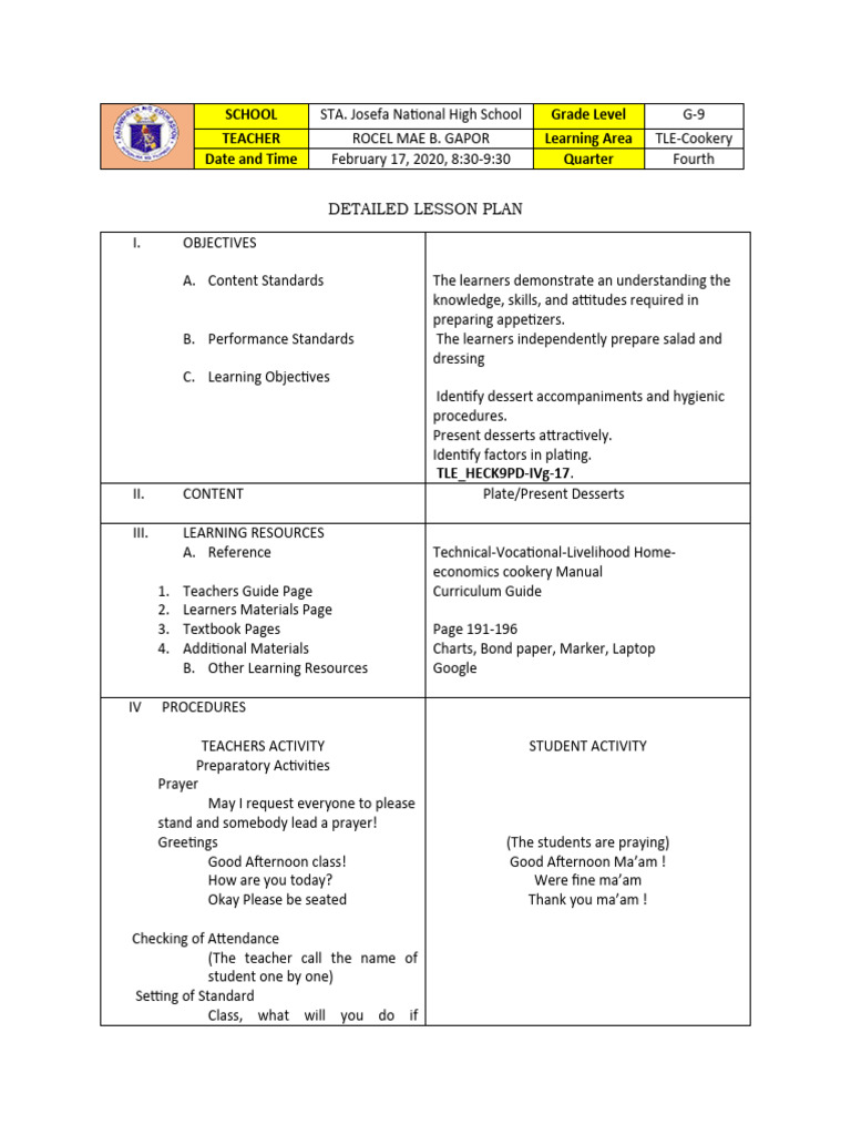 DETAILED LESSON PLAn 1 | PDF | Custard | Desserts