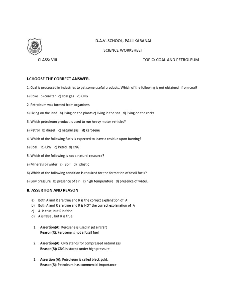 Class 8 - Coal and Petroleum-Worksheet | PDF | Fuels | Coal