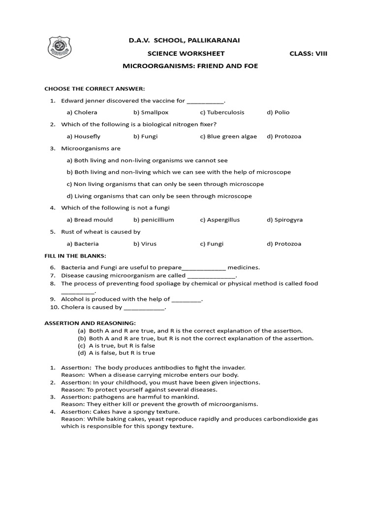 Class 8 Micro Organisms Friend and Foe Worksheet | PDF | Microorganism ...