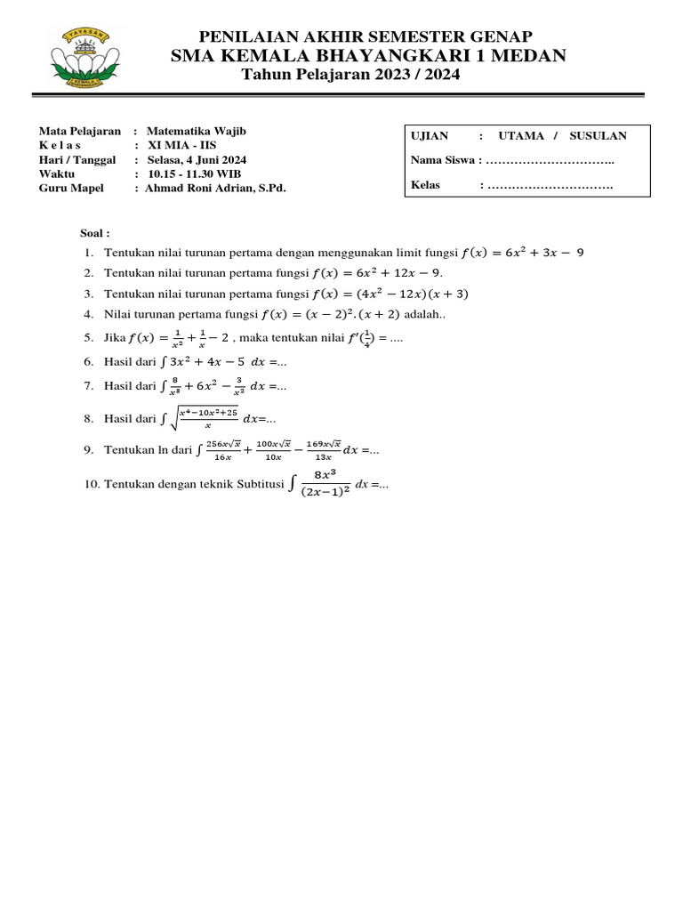 Matematika Wajib PAS2 24 11 MIA-IIS | PDF