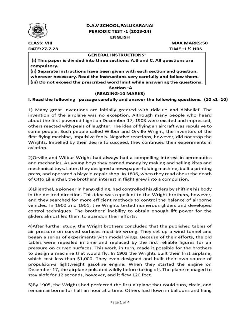 Class 8 - English - QP - PT | PDF | Wright Brothers | Airplane