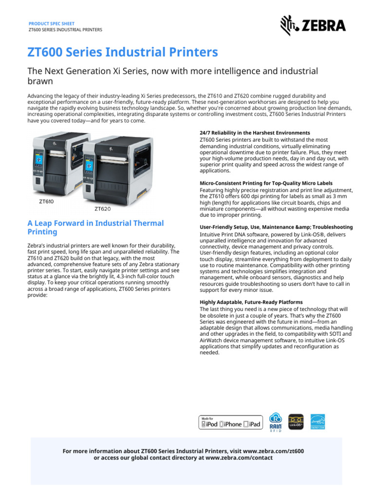 zt600 Series Spec Sheet en Us | PDF | Printer (Computing) | Cloud Computing