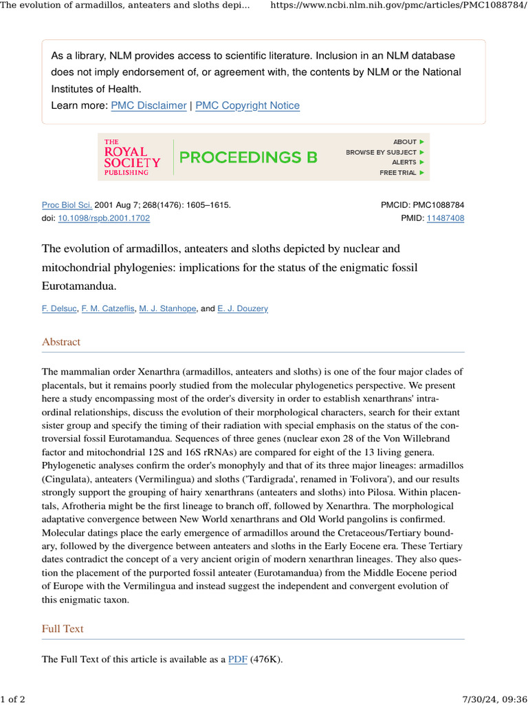 The Evolution of Armadillos, Anteaters and Sloths Depicted by Nuclear and Mitochondrial ...