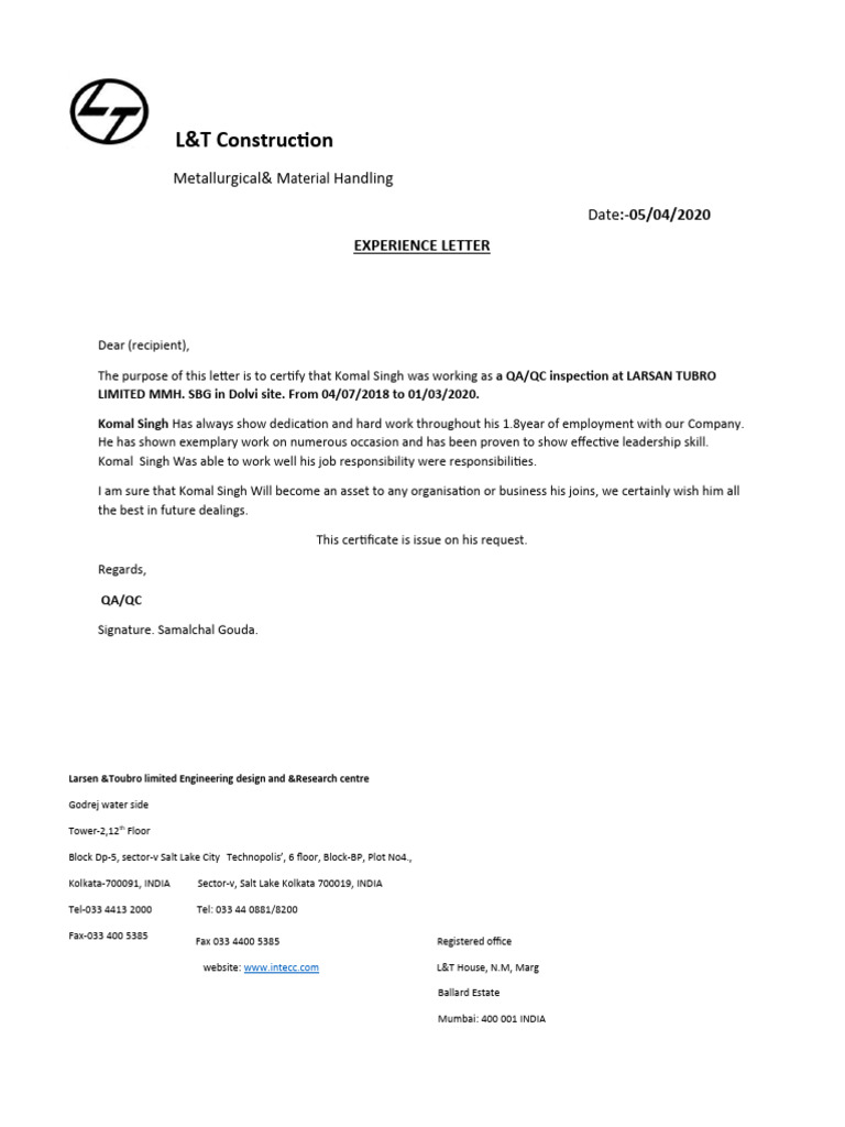 L&T QA/QC Experience Certificate | PDF