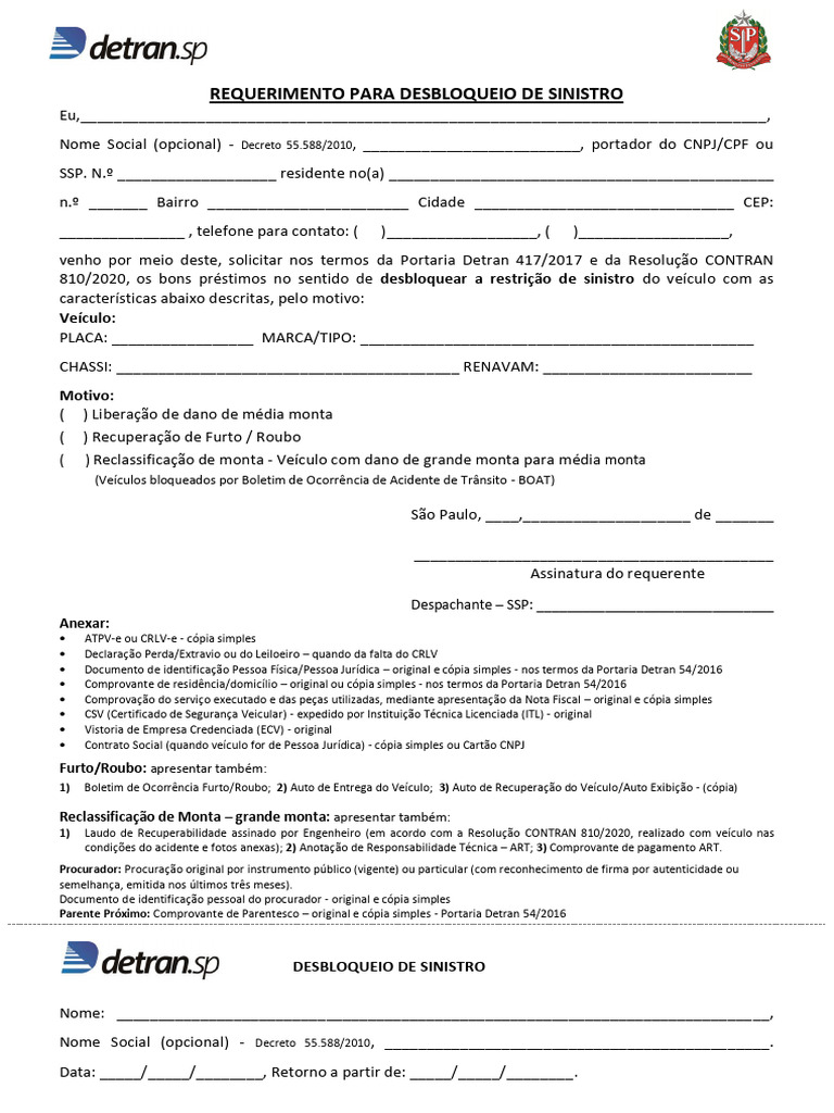Requerimento de Desbloqueio de Sinistro | PDF | Negócios