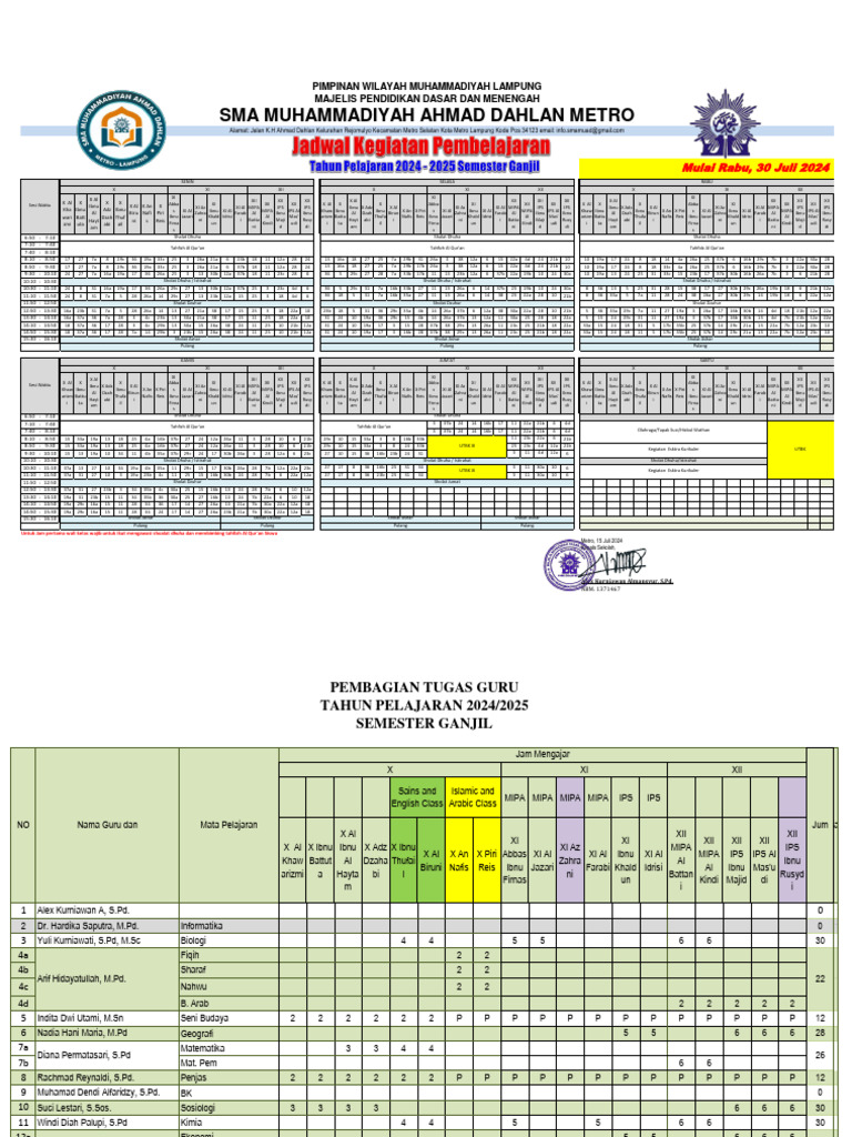 Jadwal Mengajar SMA MUAD (Mulai 30 Juli 2024) | PDF