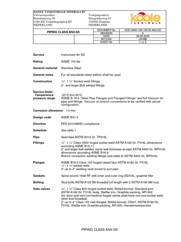PIPE SPECS-CLASS classAN3-SS Revision 0 - 23-05-2018 | PDF | Pipe ...