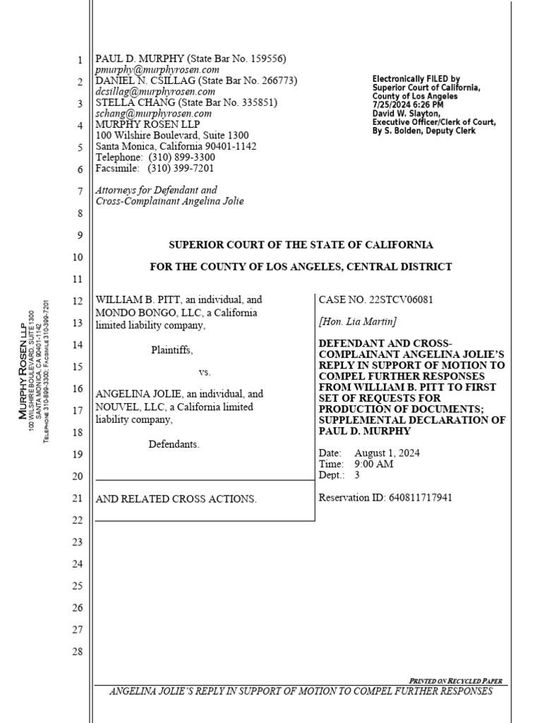 Angelina Jolie'S Reply in Support of Motion To Compel Further Responses | PDF | Non Disclosure ...