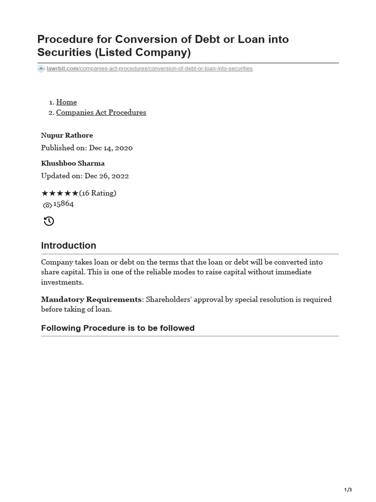 Procedure For Conversion of Debt or Loan Into Securities Listed Company ...