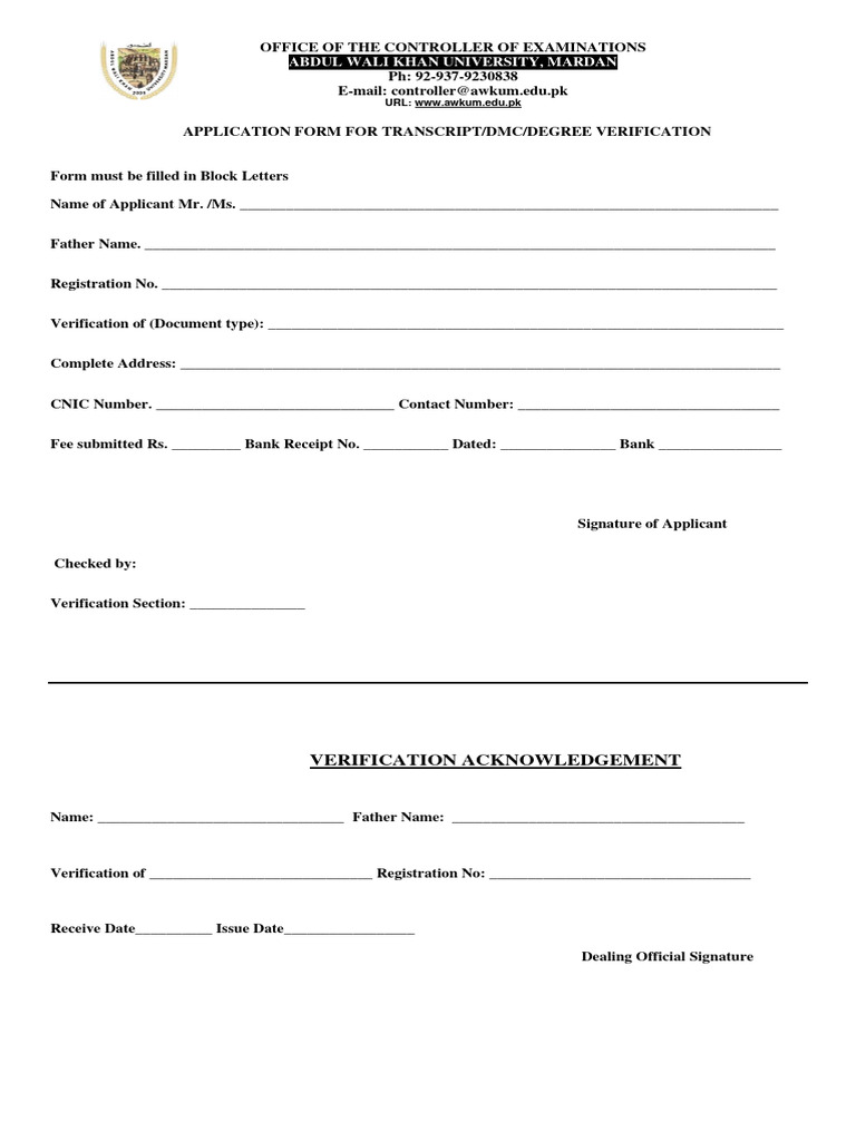 AWKUM Degree Verification Application Form | PDF | Cheque | Banks