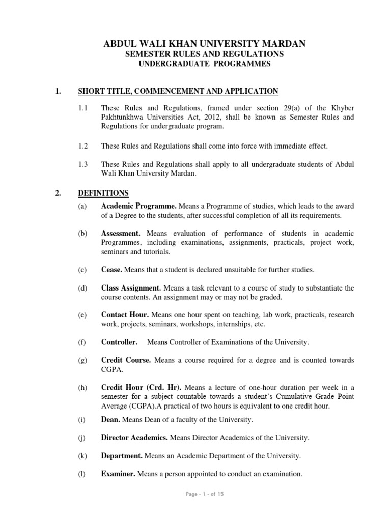 Semester Rules of Abdul Wali Khan University Mardan | PDF | Course ...