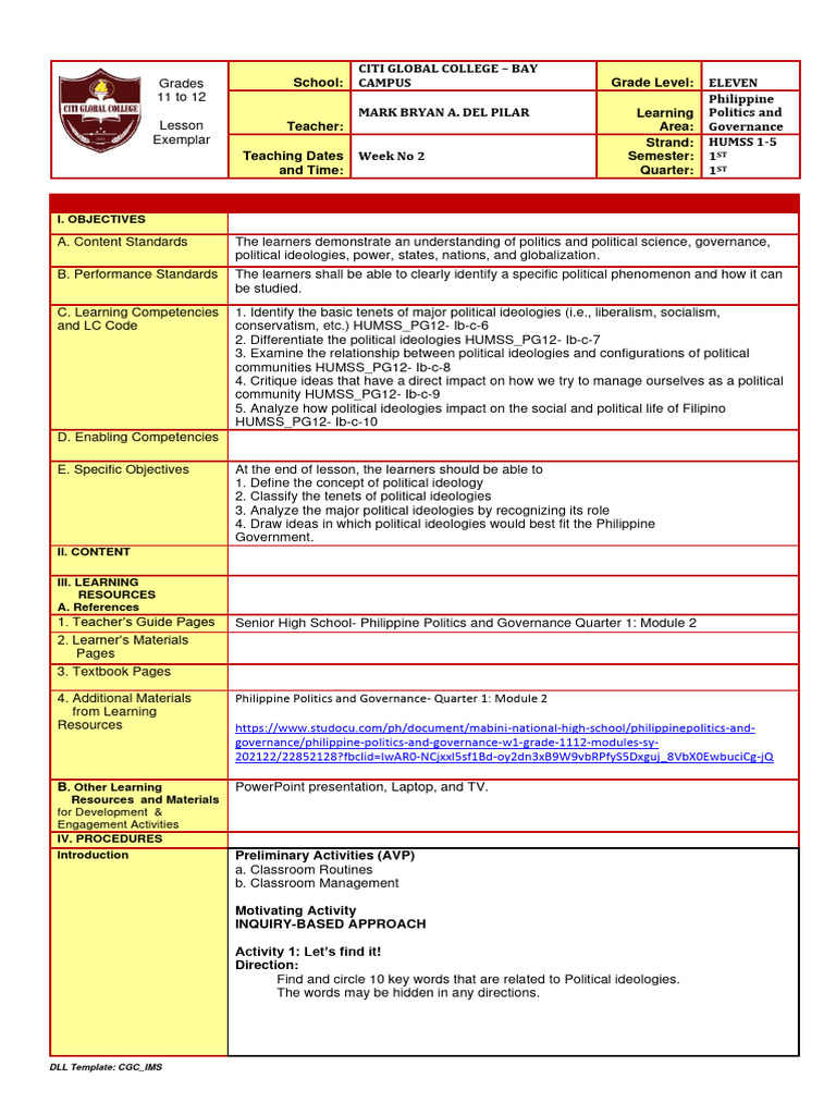 Lesson-Exemplar-Ppg Week 2 - Humss | PDF | Ideologies | Socialism Lesson-Exemplar-Ppg Week 2 - Humss | PDF | Ideologies | Socialism