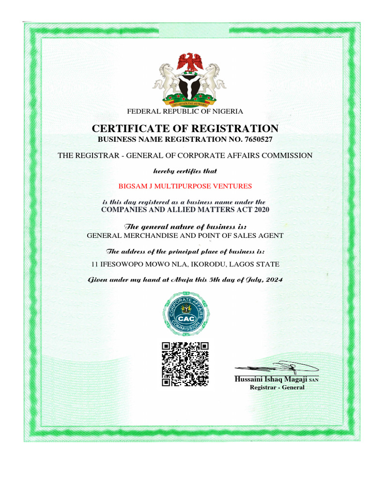Nigeria Business Registration Certificate | PDF