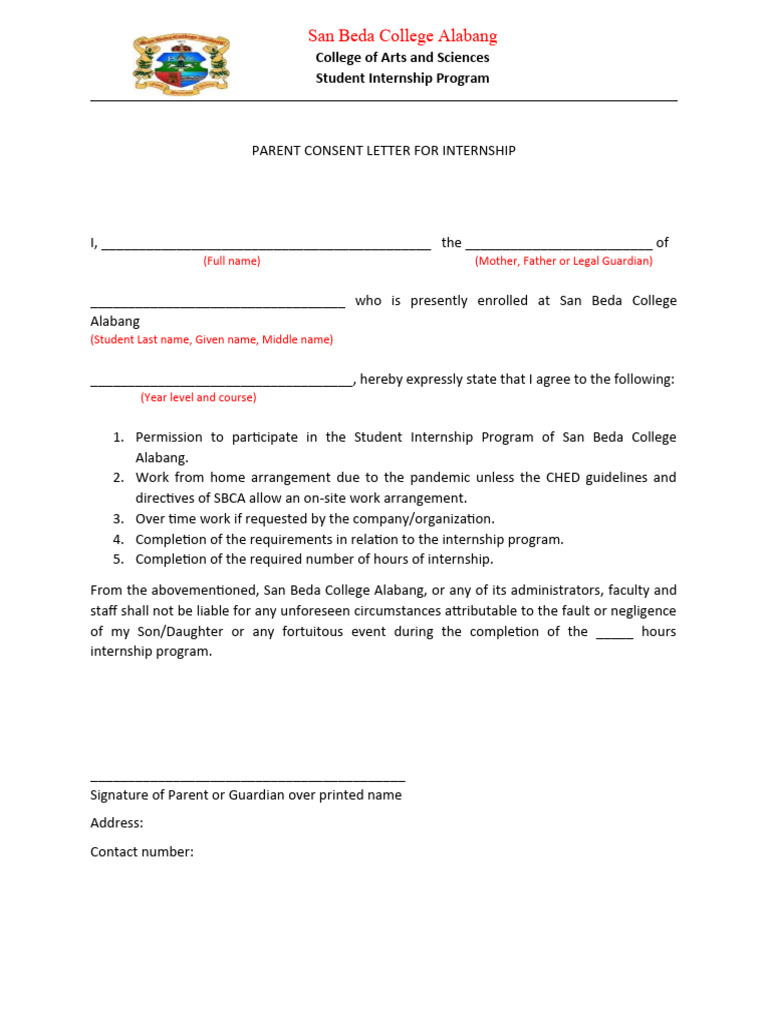 PARENT-CONSENT-LETTER-FOR-INTERNSHIP (Template-Notarized) | PDF ...