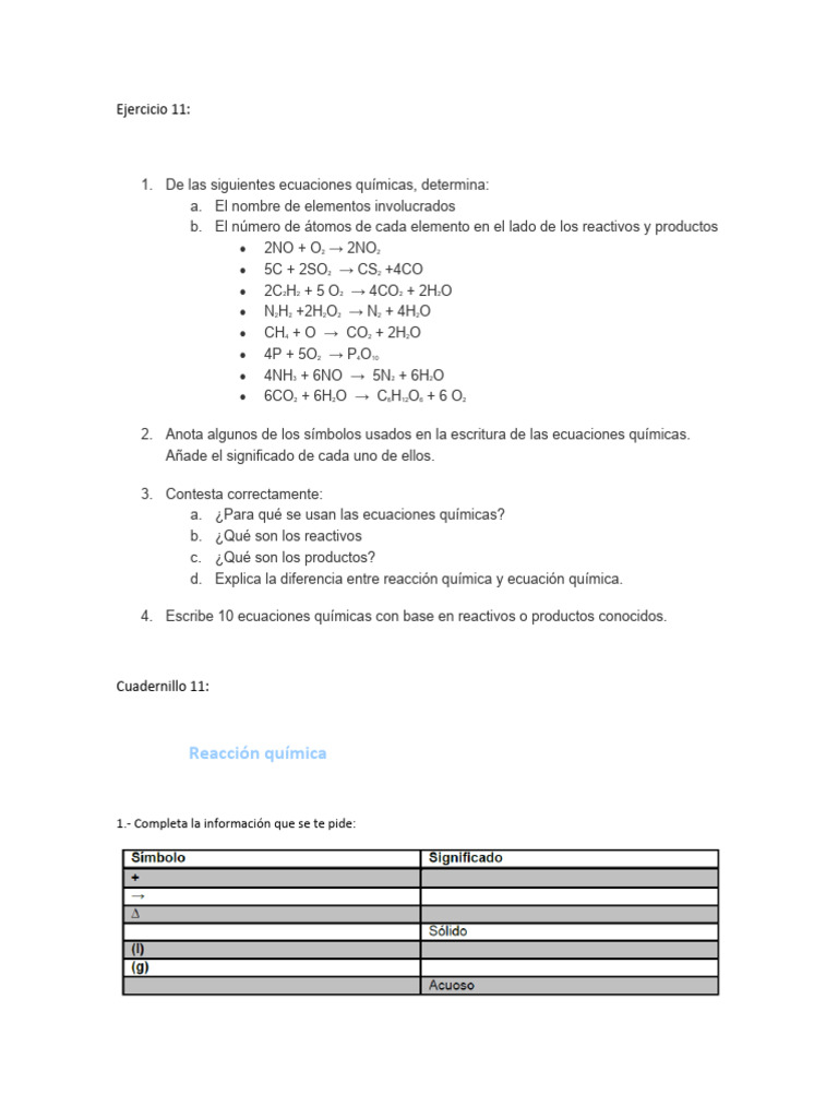 Ejercicio 11 y Cuadernillo 11 | PDF | Química | Reacciones químicas