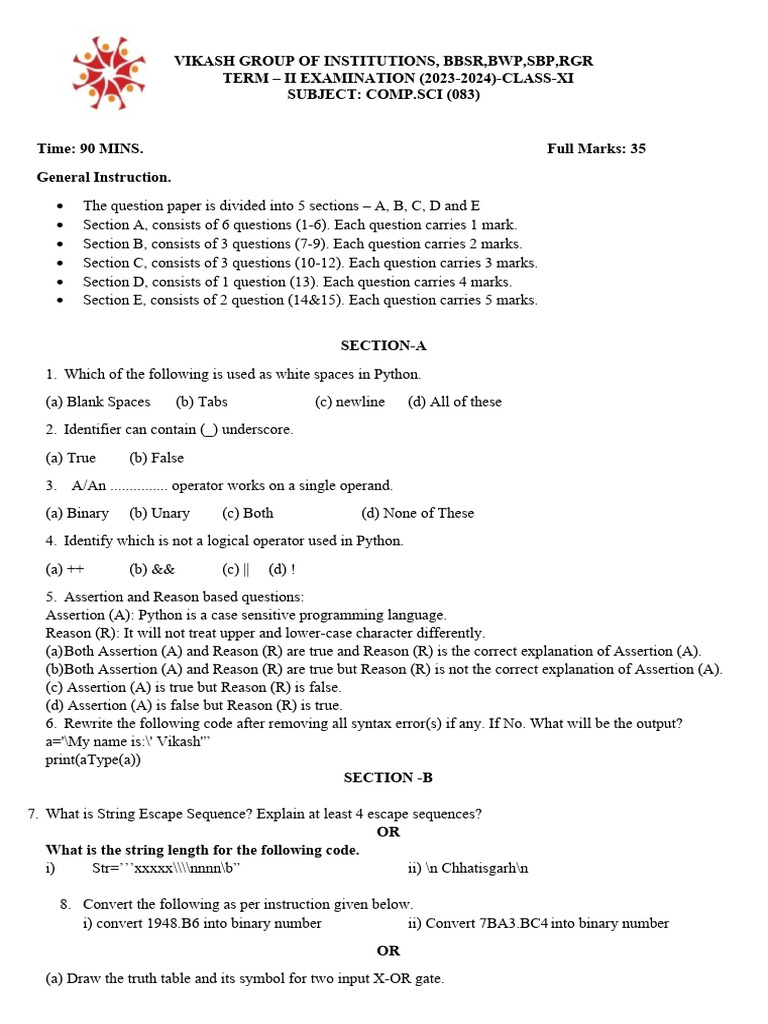 Class XI-Sample Paper | PDF | Software Engineering | Computer Architecture