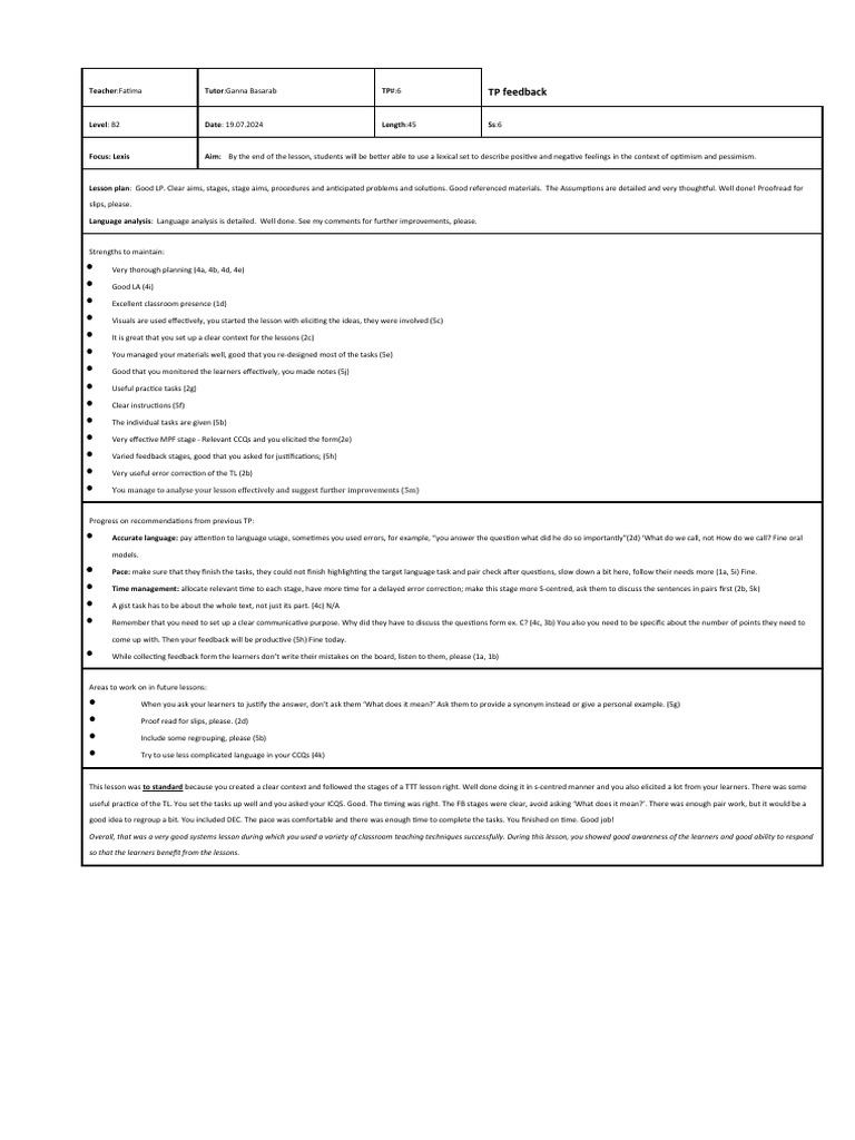 Fatima's Lesson Plan Feedback Summary | PDF | Idiom | Verb