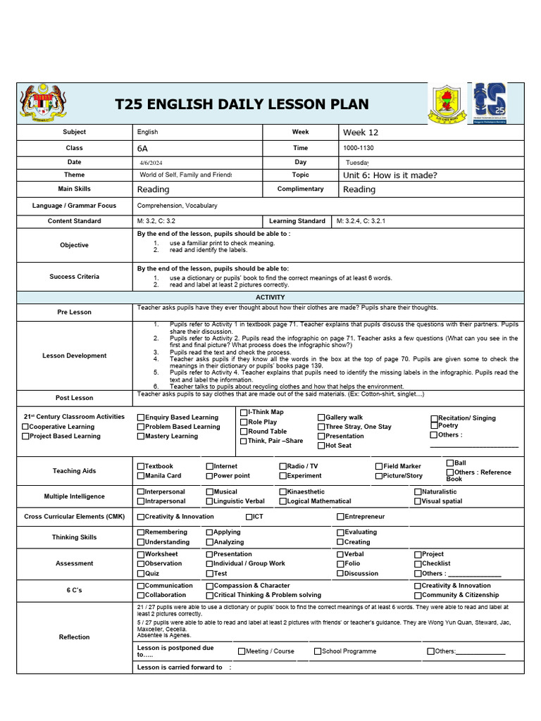 Year 6 Lesson Plan 1 | PDF | Reading Comprehension | Cognitive Psychology