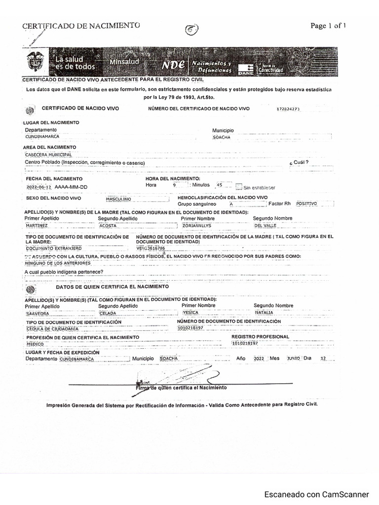 Certificado Nacido Vivo Erick | PDF
