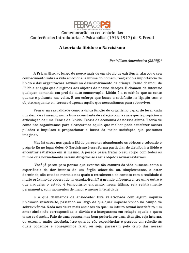 A Teoria Da Libido e o Narcisismo Wilson Amendoeira | PDF | Libido ...
