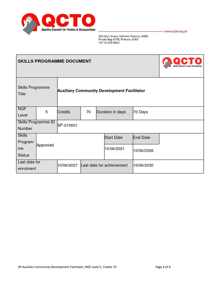 QCTO SP - Auxilary Community Development Facilitator | PDF