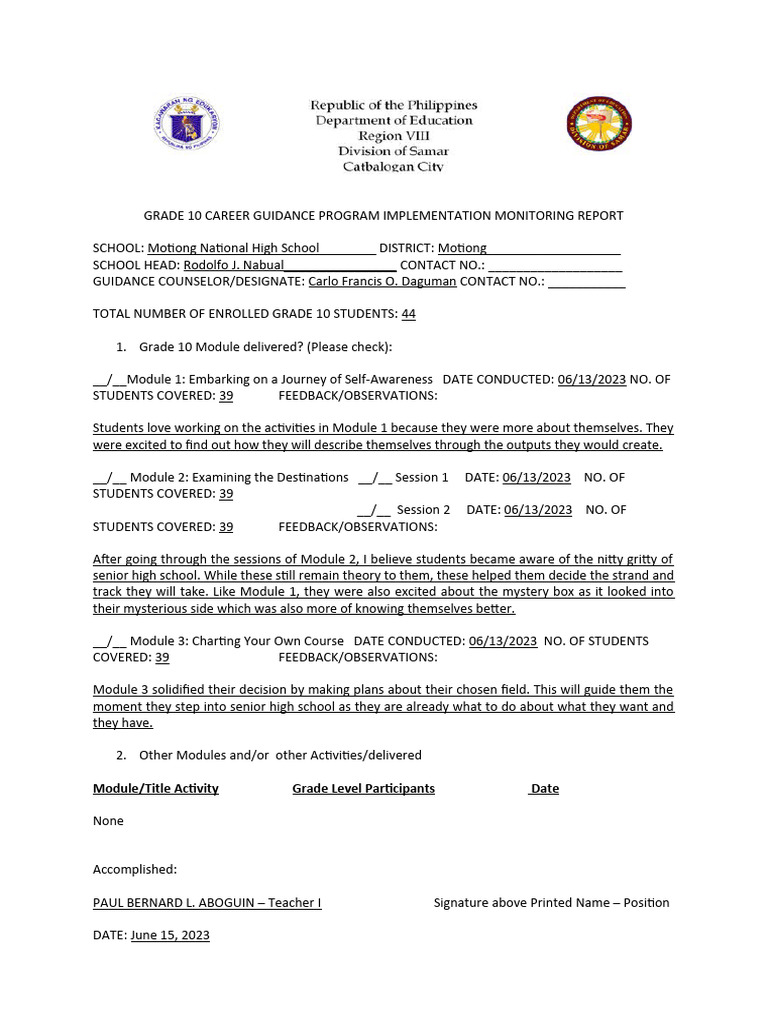 Grade 10 CGP Monitoring Tool Template | PDF | Learning | Human ...