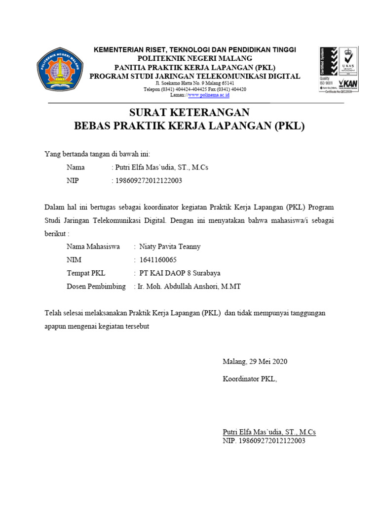 Surat Keterangan Bebas PKL Polinema | PDF | Ilmu Sosial | Komputer