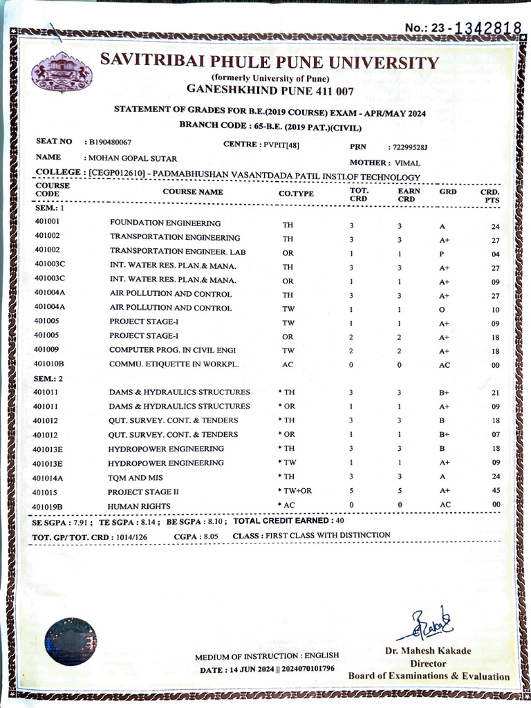 BE Final Marksheet | PDF