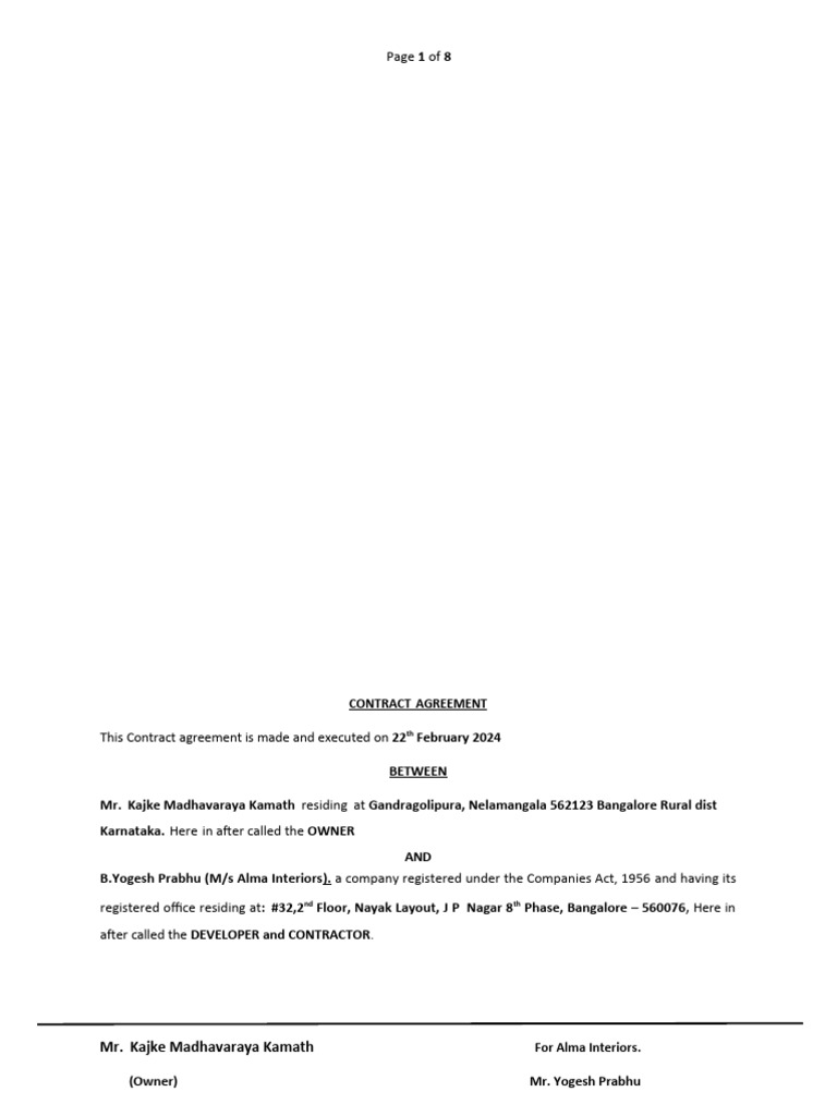 FInal Contract Agreement - MR - Kamath & MR Prabhu | PDF | Masonry | Wall