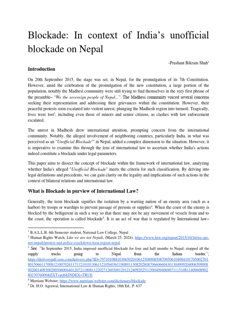 Blockade - in Context of India's Unofficial Blockade On Nepal | PDF ...