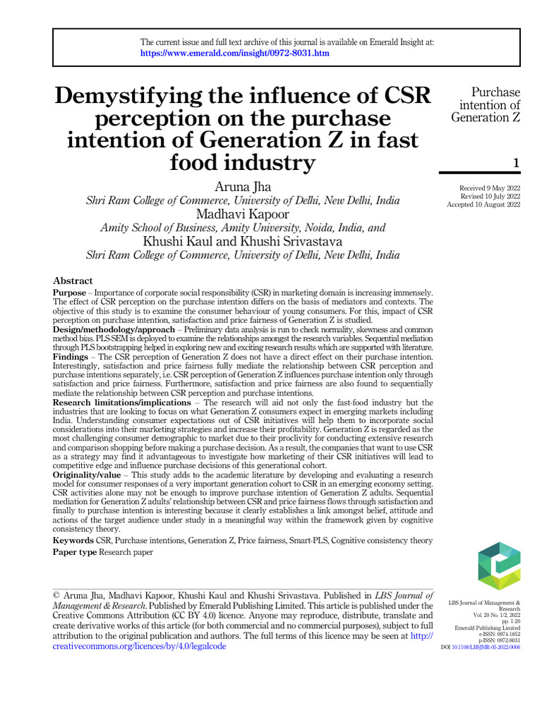 Demystifying The Influence of CSR Perception On The Purchase Intention ...