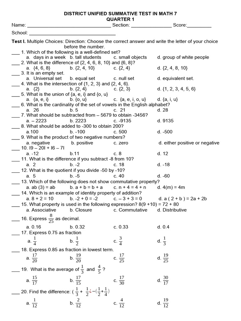 Math 7 Quarter 1 Summative Test | PDF | Mathematical Concepts ...