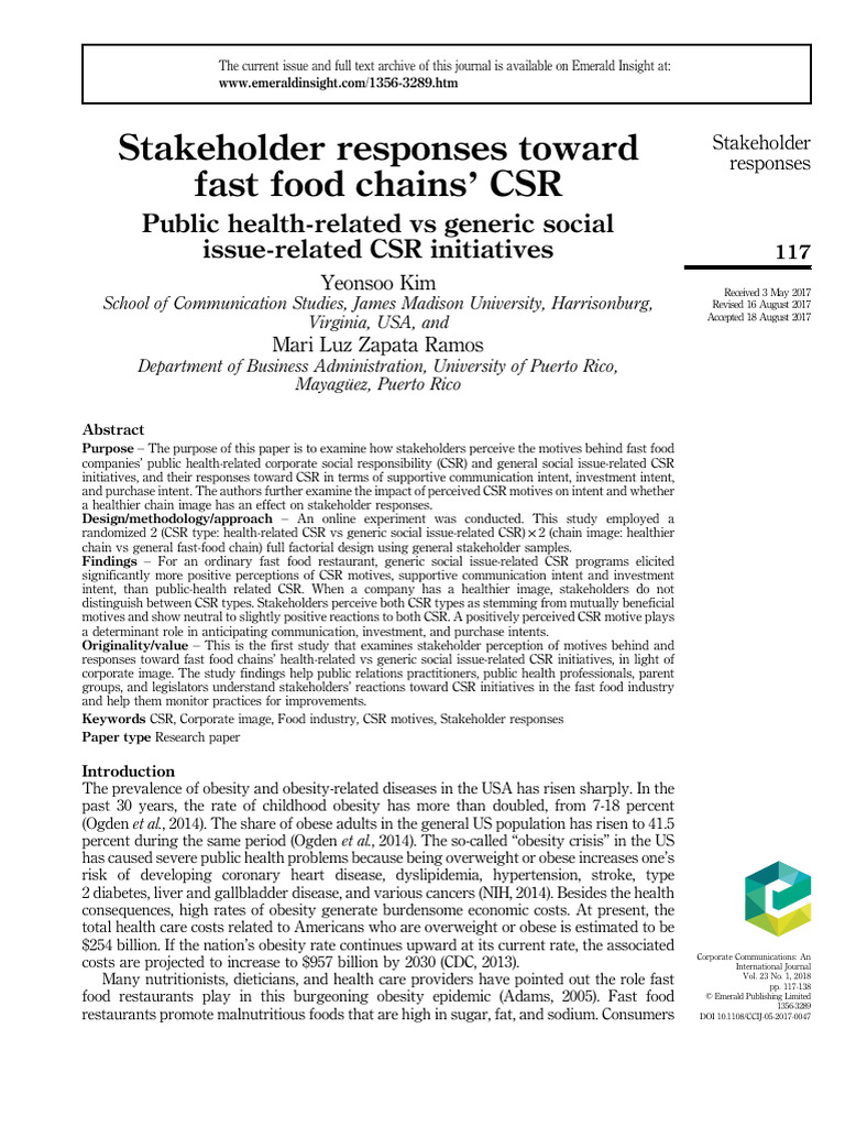 Stakeholder Responses Toward Fast Food Chains' CSR | PDF | Corporate ...