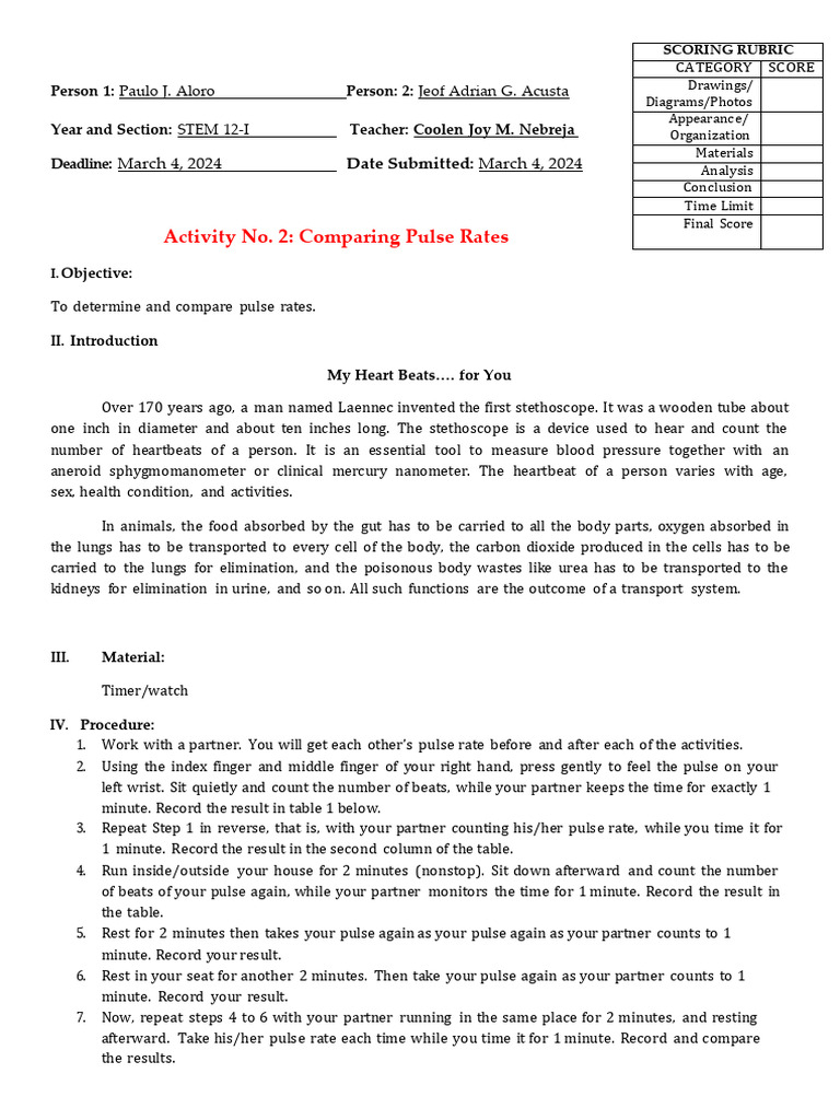 Activity 2 Comparing Pulse Rate | PDF | Heart Rate | Heart