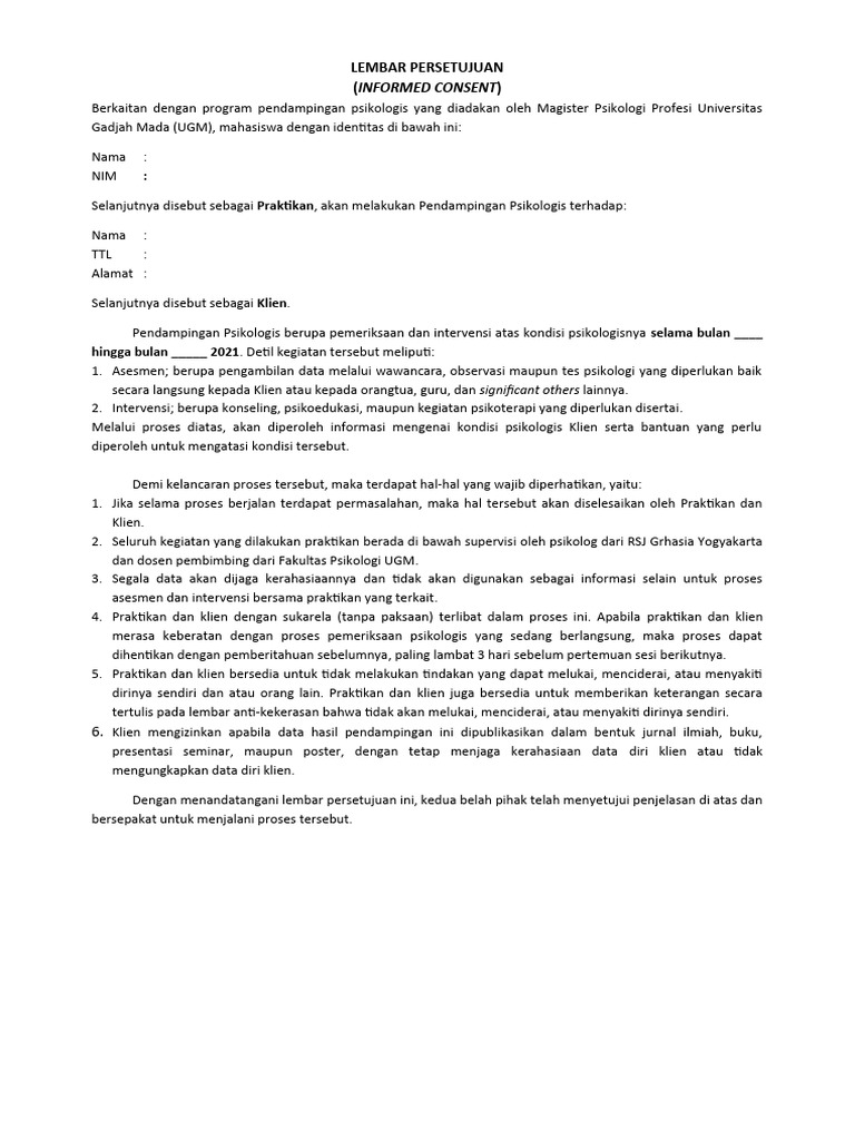Informed Consent PKPP RSJ Grhasia 2021 (Individu Dewasa) | PDF