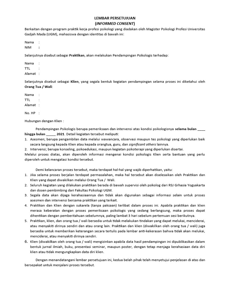Informed Consent PKPP RSJ Grhasia 2021 (Anak-Remaja) Mbak Ellin | PDF